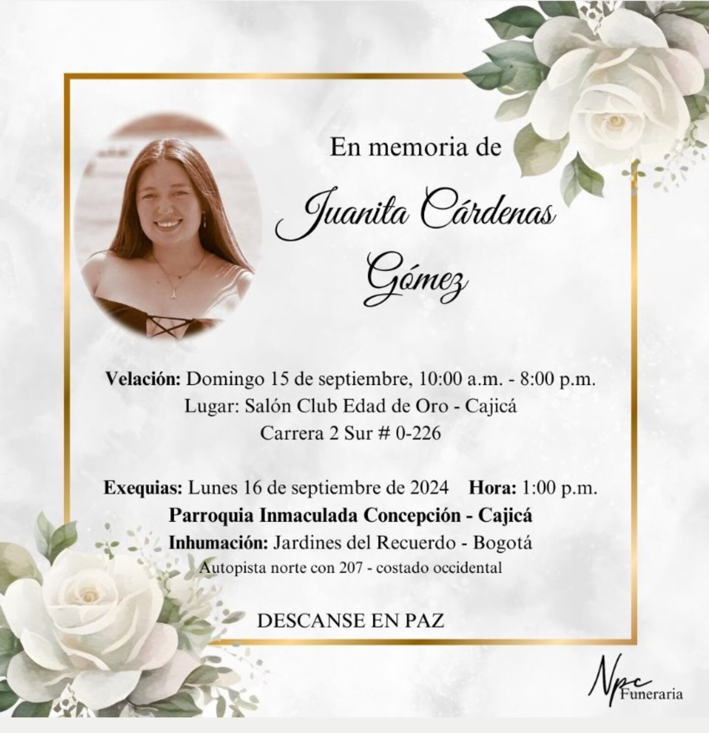 Juanita Cárdenas: así será su velación y funeral en Cajicá donde será ...